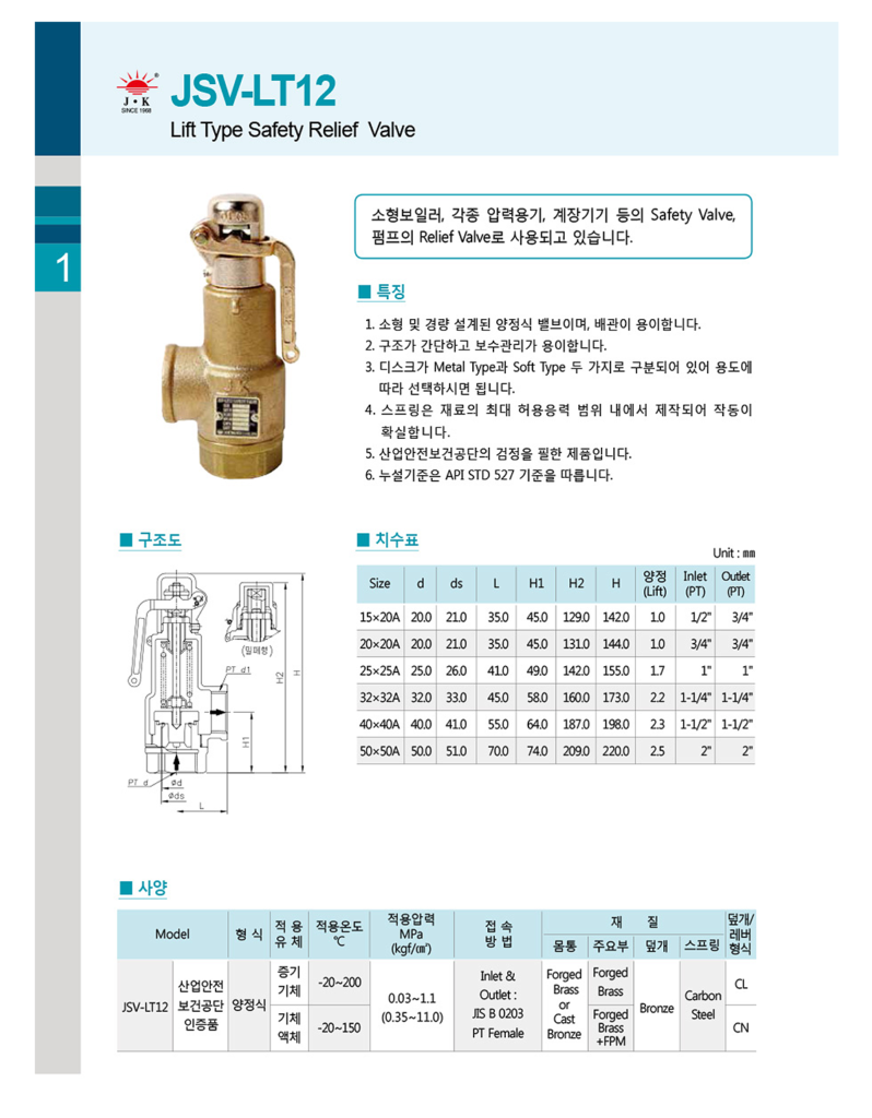 안전밸브 JSV-LT12 – 에스지하이텍